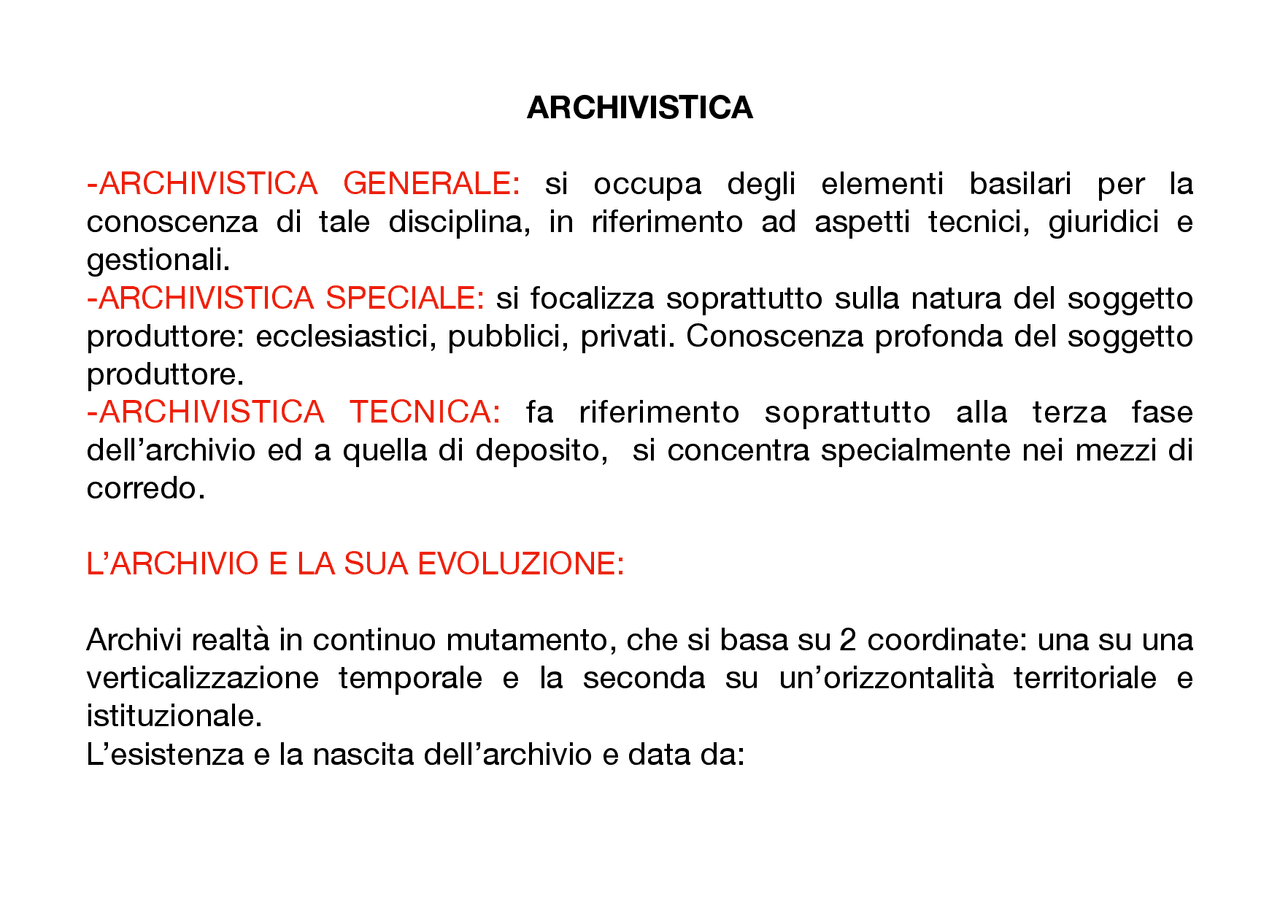 Sintesi archivistica generale - Docsity