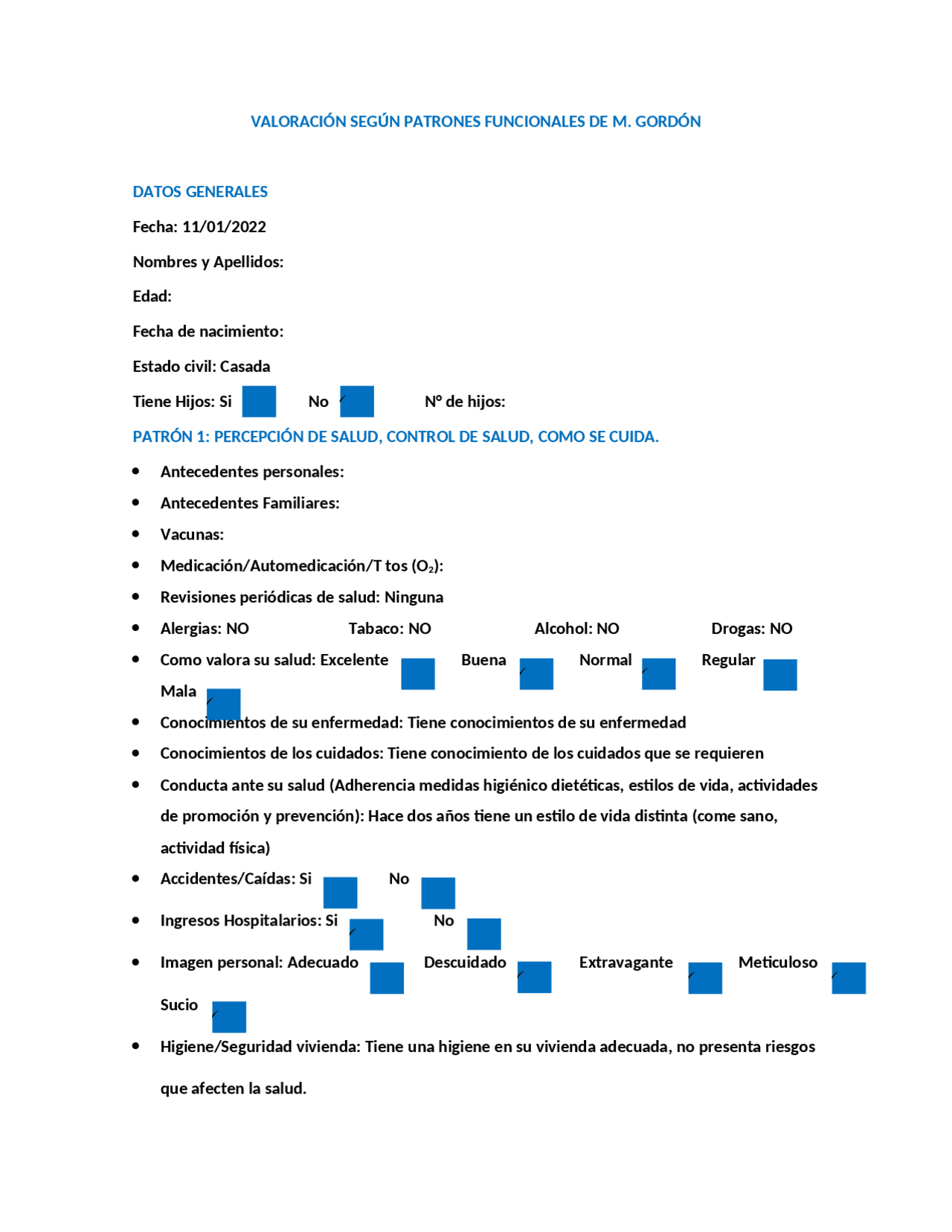 Instrumento de valoración segun Patrones funcionales de M. Gordon ...