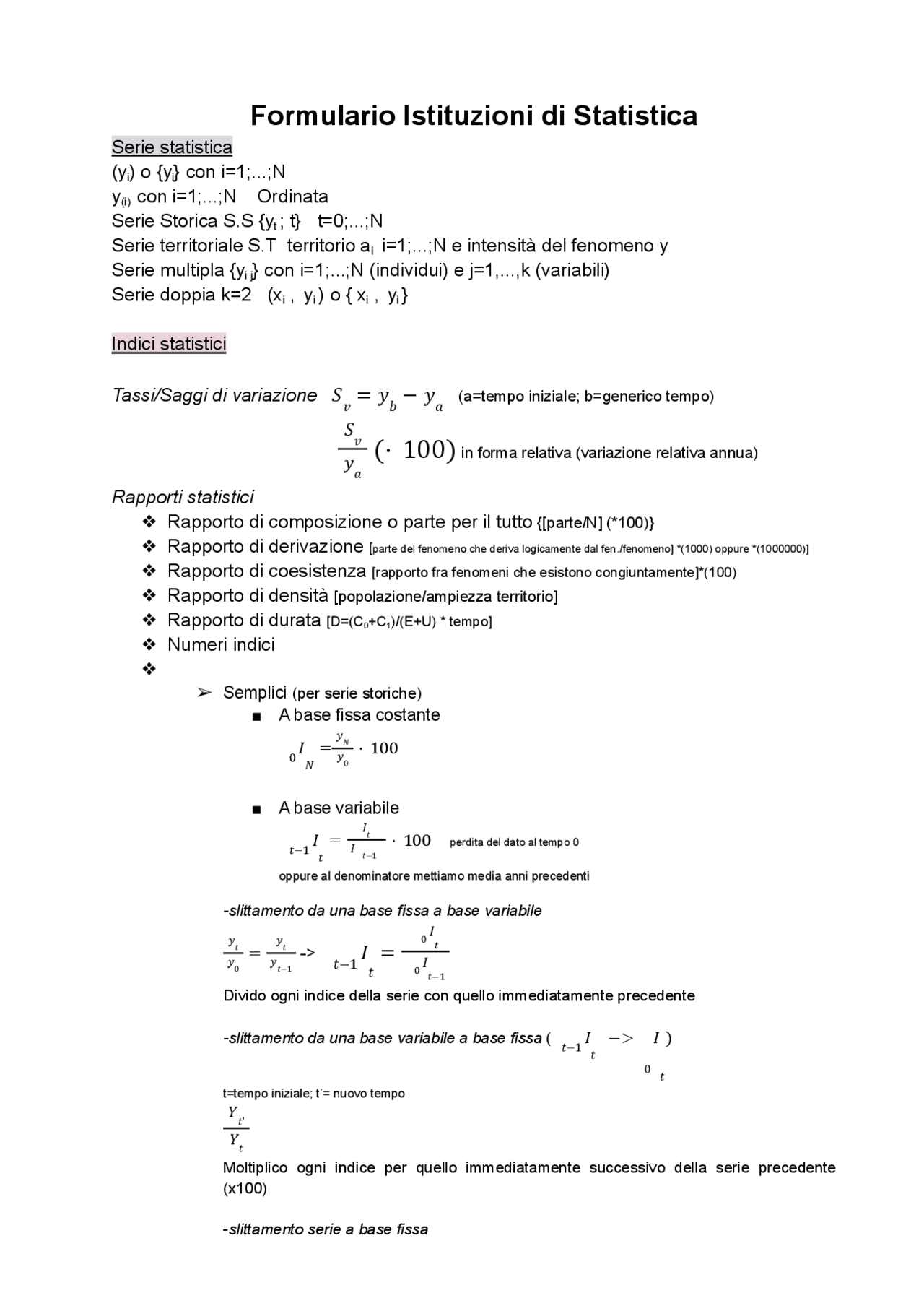 Formulario di Statistica descrittiva - Docsity