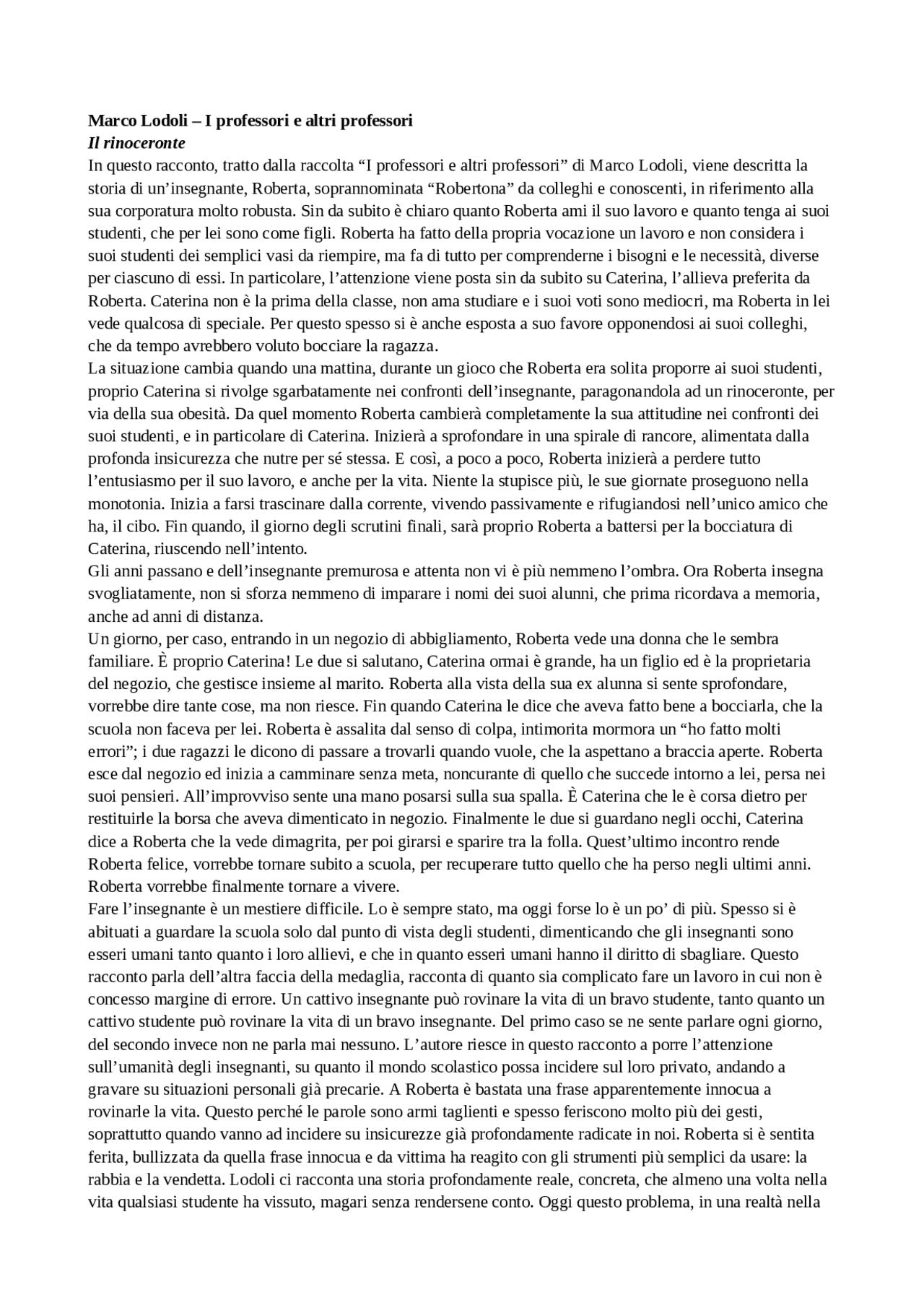 Analisi del racconto "Il Rinoceronte" di Marco Lodoli | Tesine ...