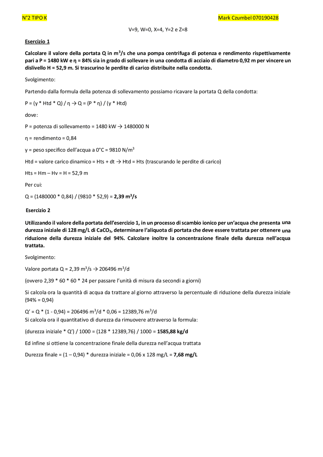 Elaborato 2 Tipo K Ingegneria Ambientale E Sanitaria Docsity