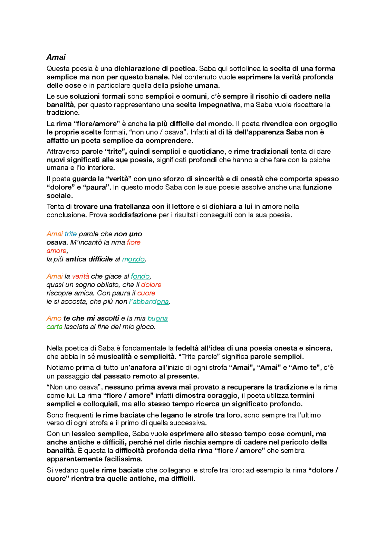 Saba Amai Analisi Di Un Testo Di Poetica Docsity