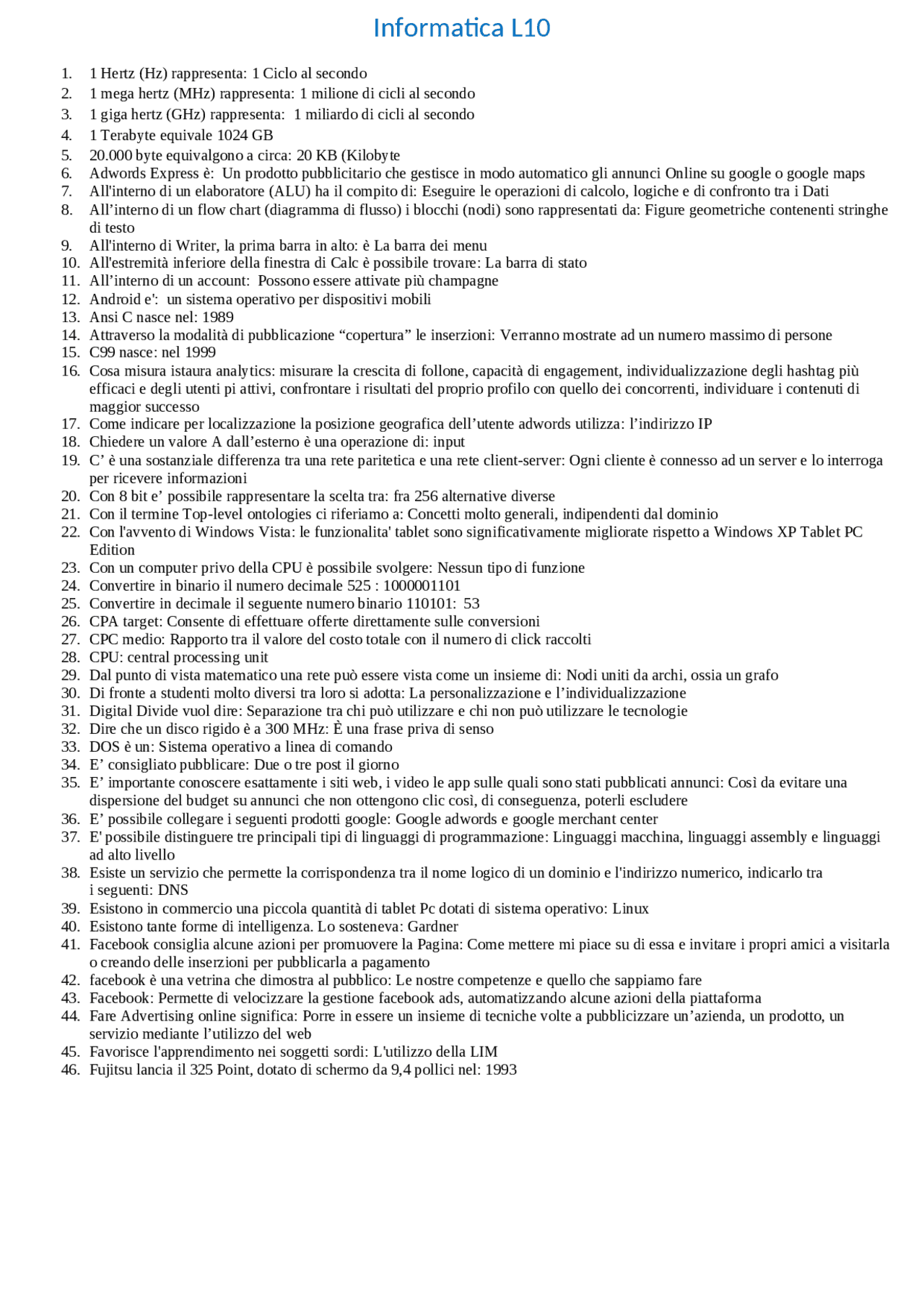 Informatica Agg A Gennaio Lettere L 10 Pegaso Docsity