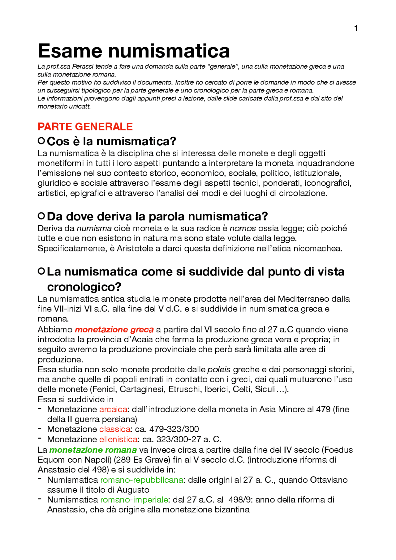 Esame Di Numismatica A Domande Docsity