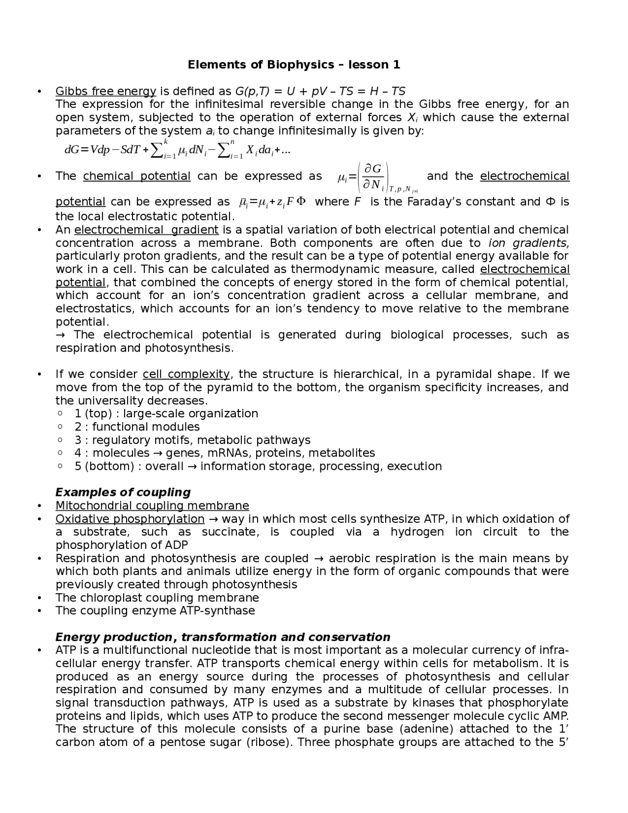 Elements of Biophysics Notes (part 1) - Docsity