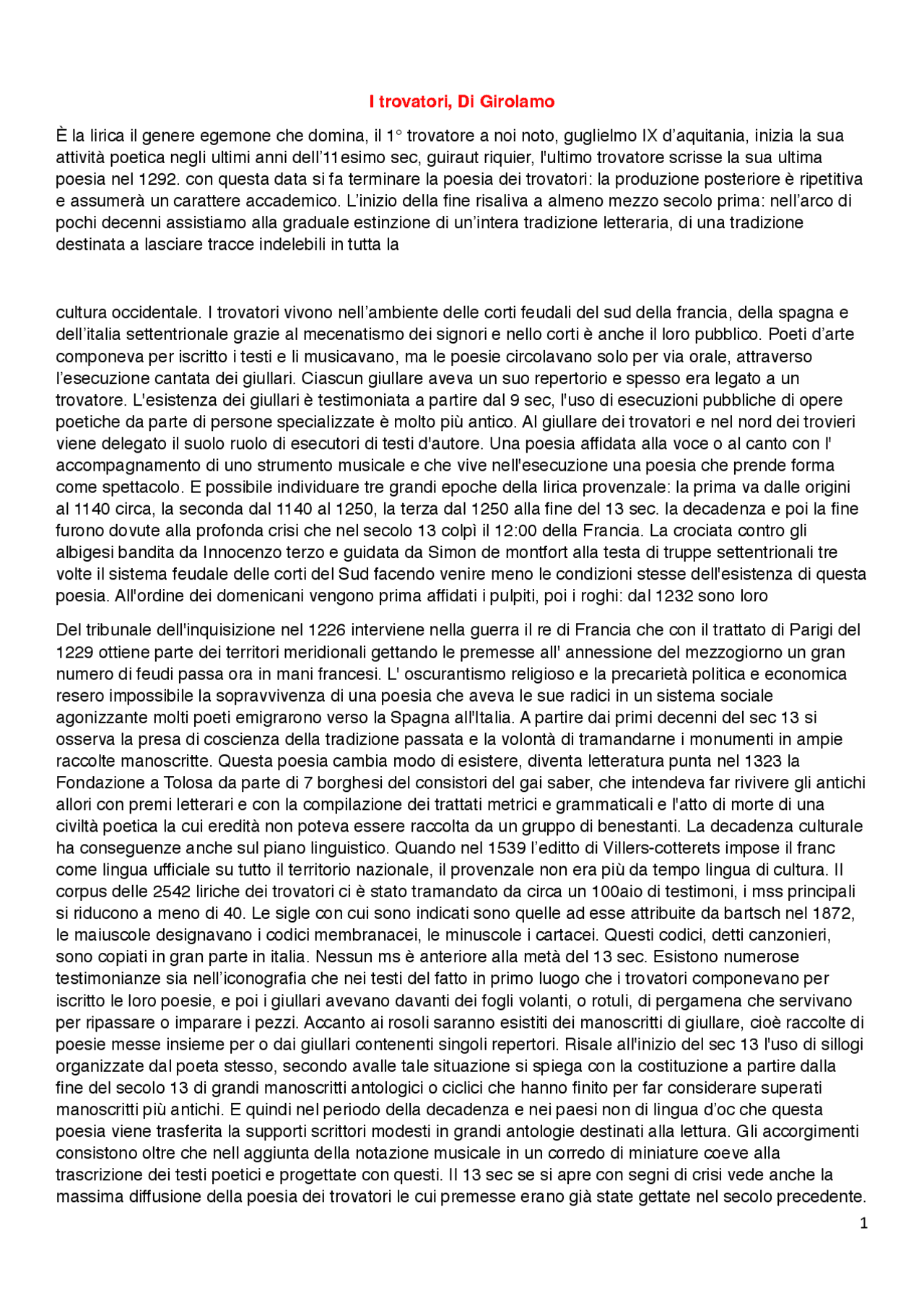 Riassunto I Trovatori Di Girolamo Docsity