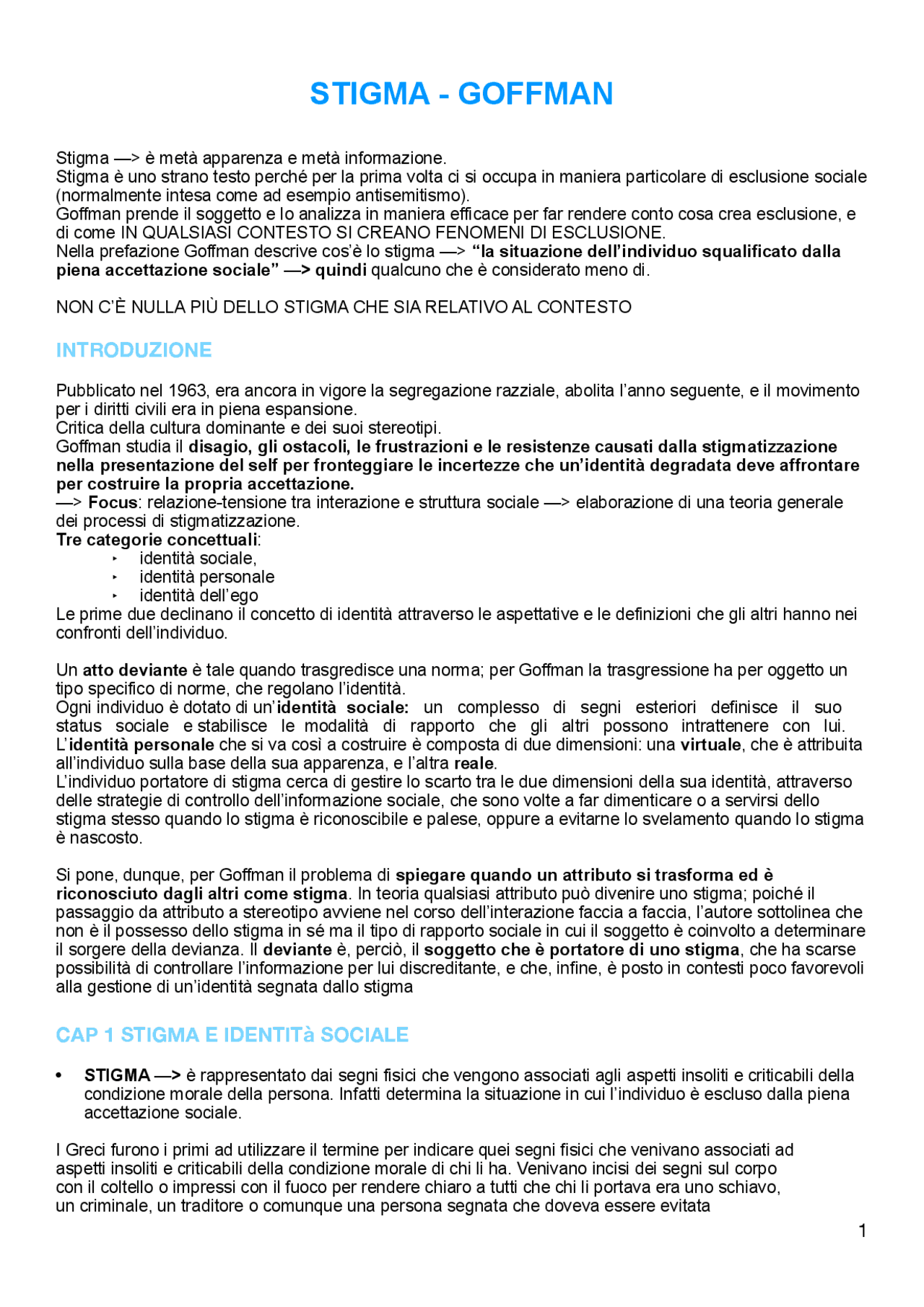 Stigma - Erving Goffman | Sintesi del corso di Sociologia | Docsity