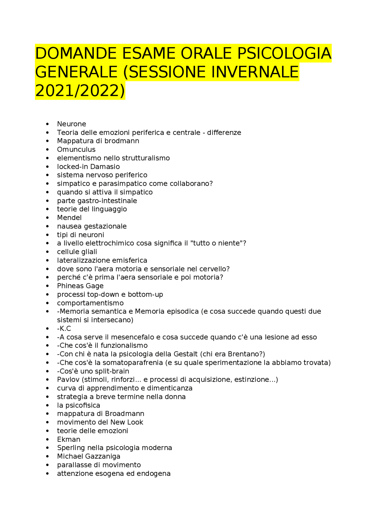Domande Esame Orale Appunti Di Psicologia Generale Docsity
