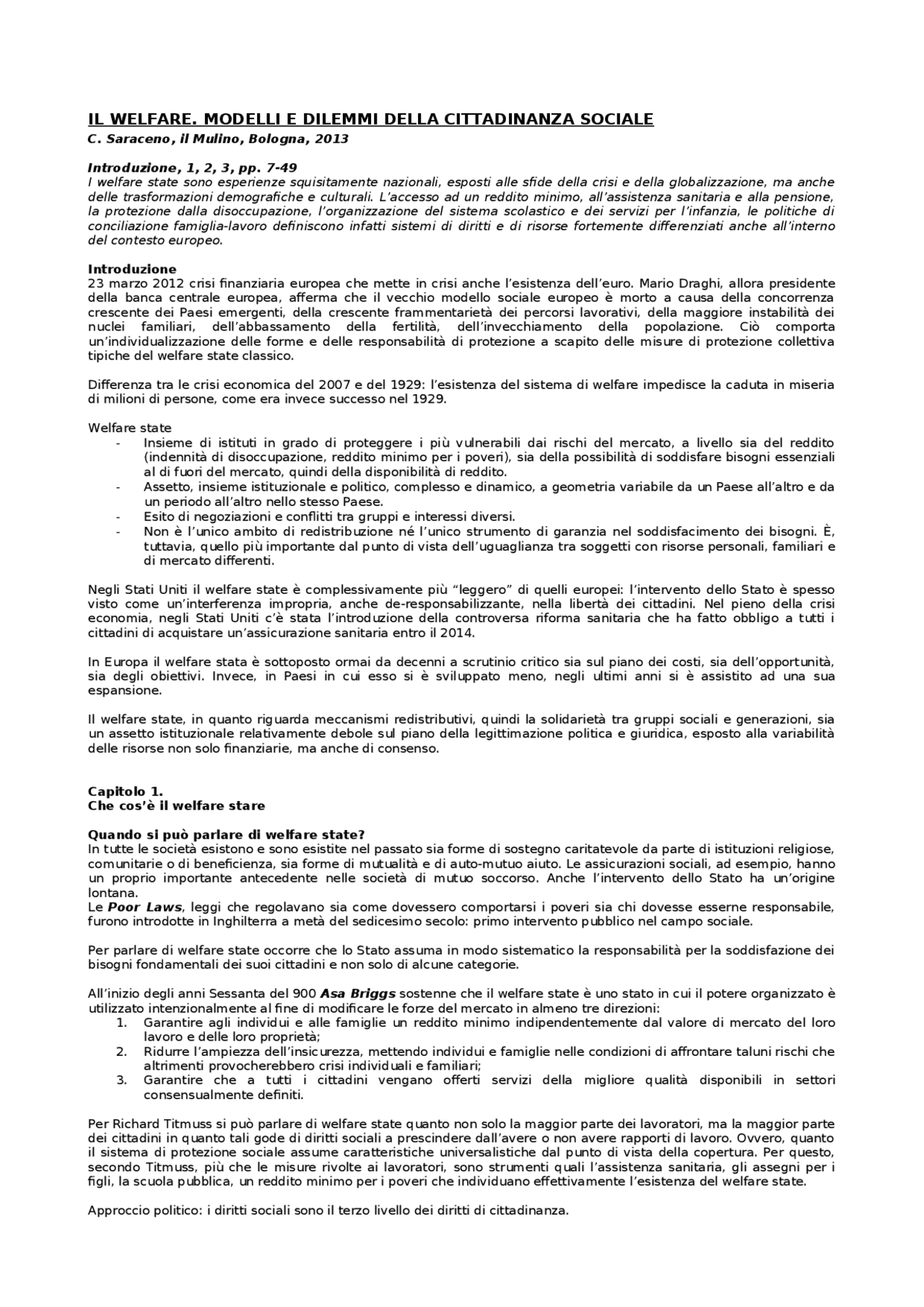 Il Welfare Libro Riassunto Docsity