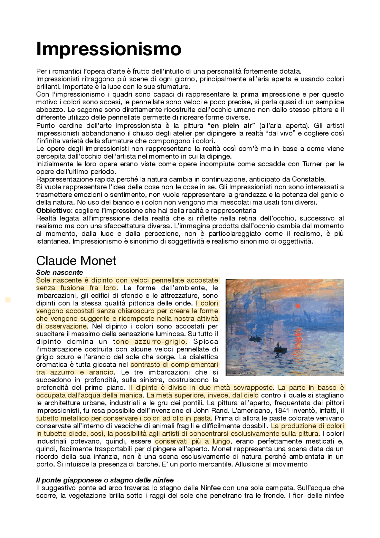 Appunti Sullimpressionismo Docsity