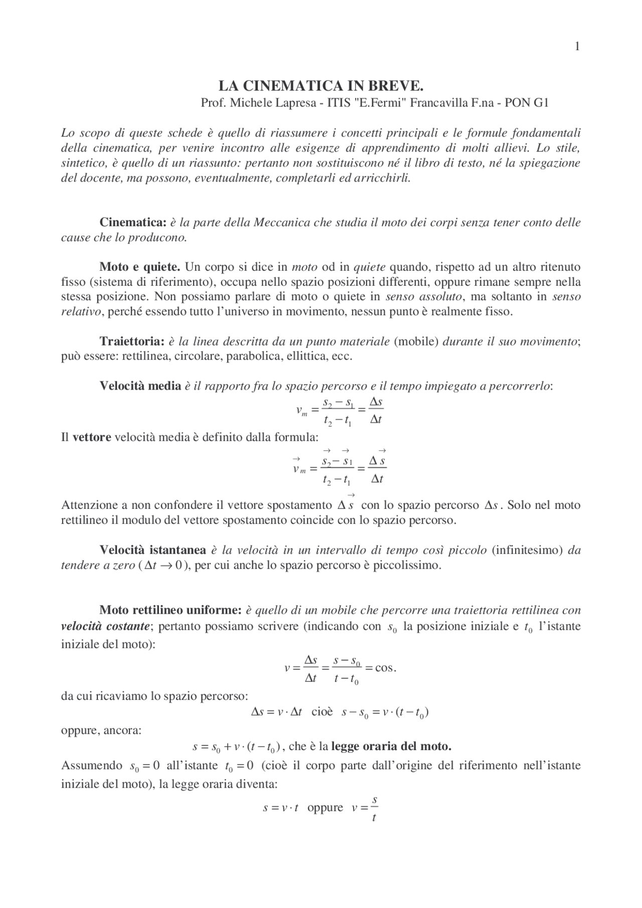 Schema appunto sulla cinematica - Docsity
