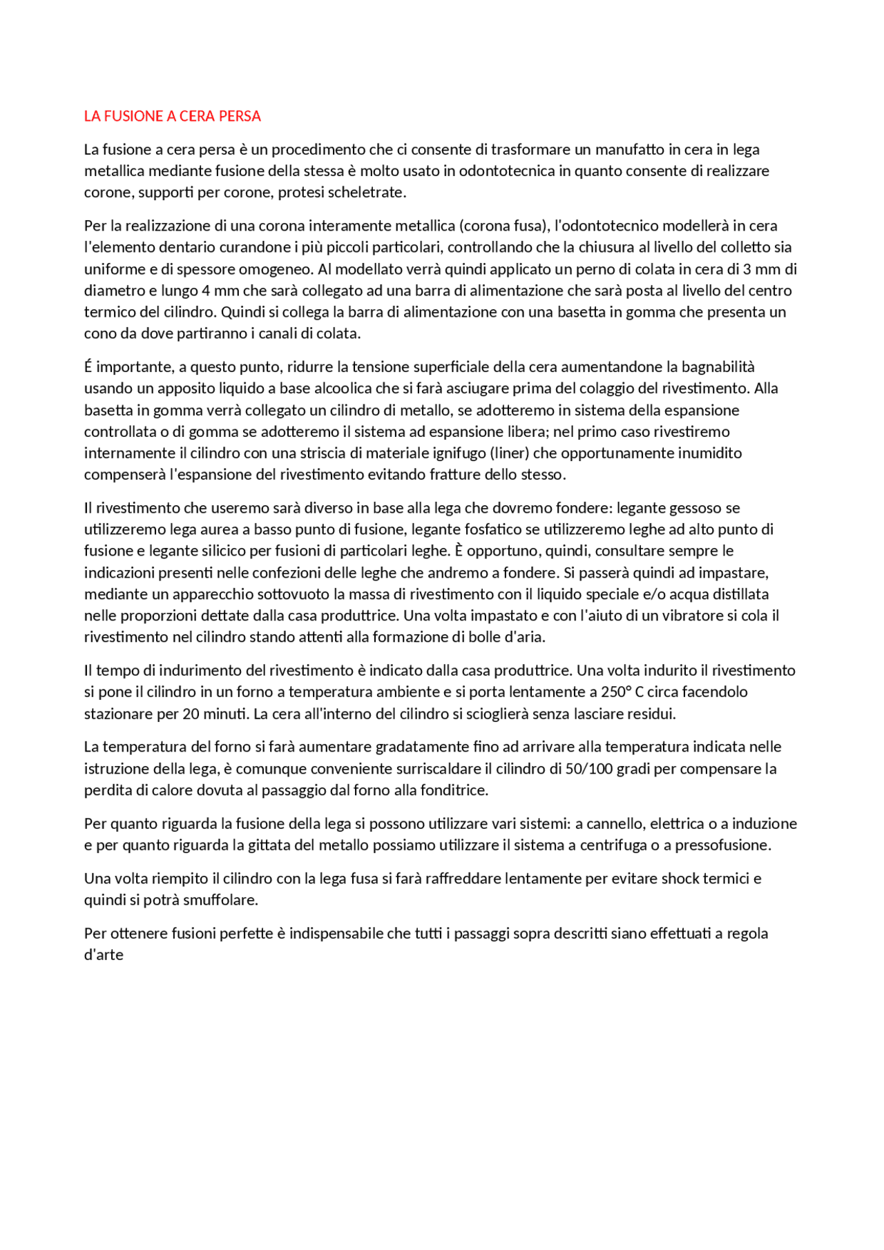 La Fusione A Cera Persa Docsity
