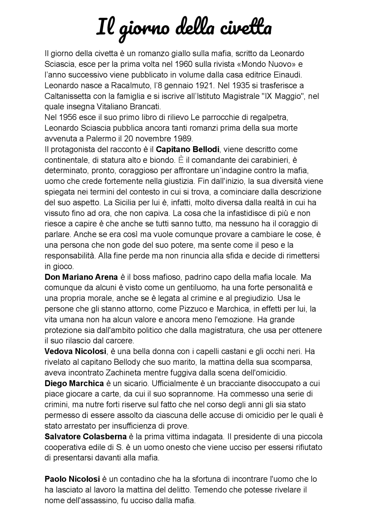 Il Giorno della civetta | Sintesi del corso di Italiano | Docsity