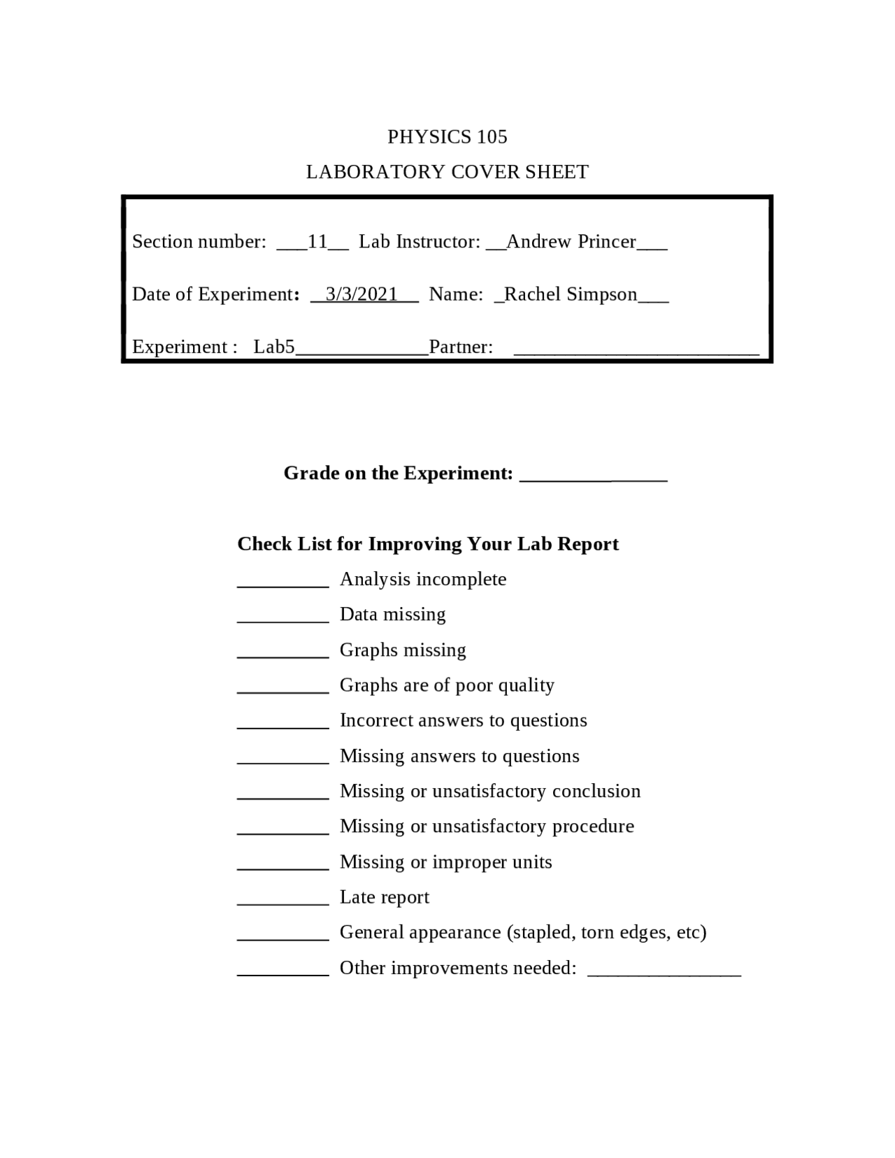 Physics 105 Lab 5 Answer Key With Data Docsity