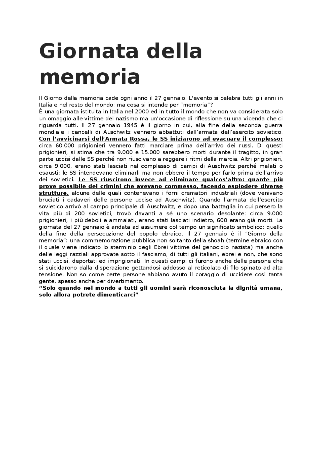 Commento personale sulla giornata della memoria - Docsity