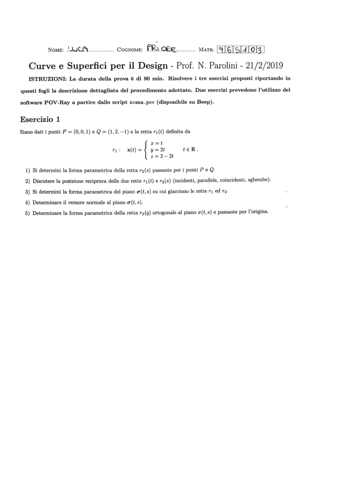 CURVE E SUPERFICI PER IL DESIGN (054493) - TEMI D'ESAME 2019 | Prove d'esame di Matematica ...