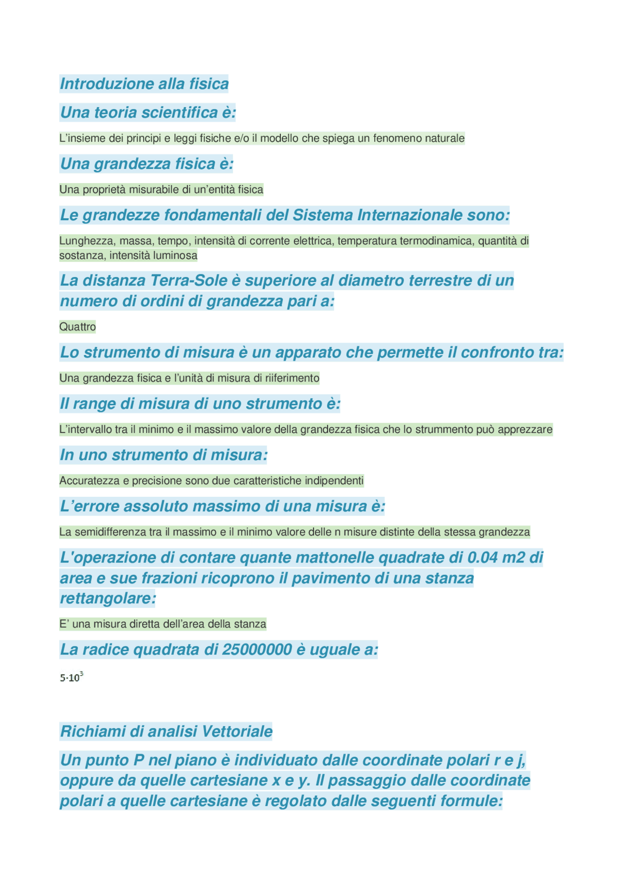 Risposte Ai Test Di Autovalutazione Fisica Docsity