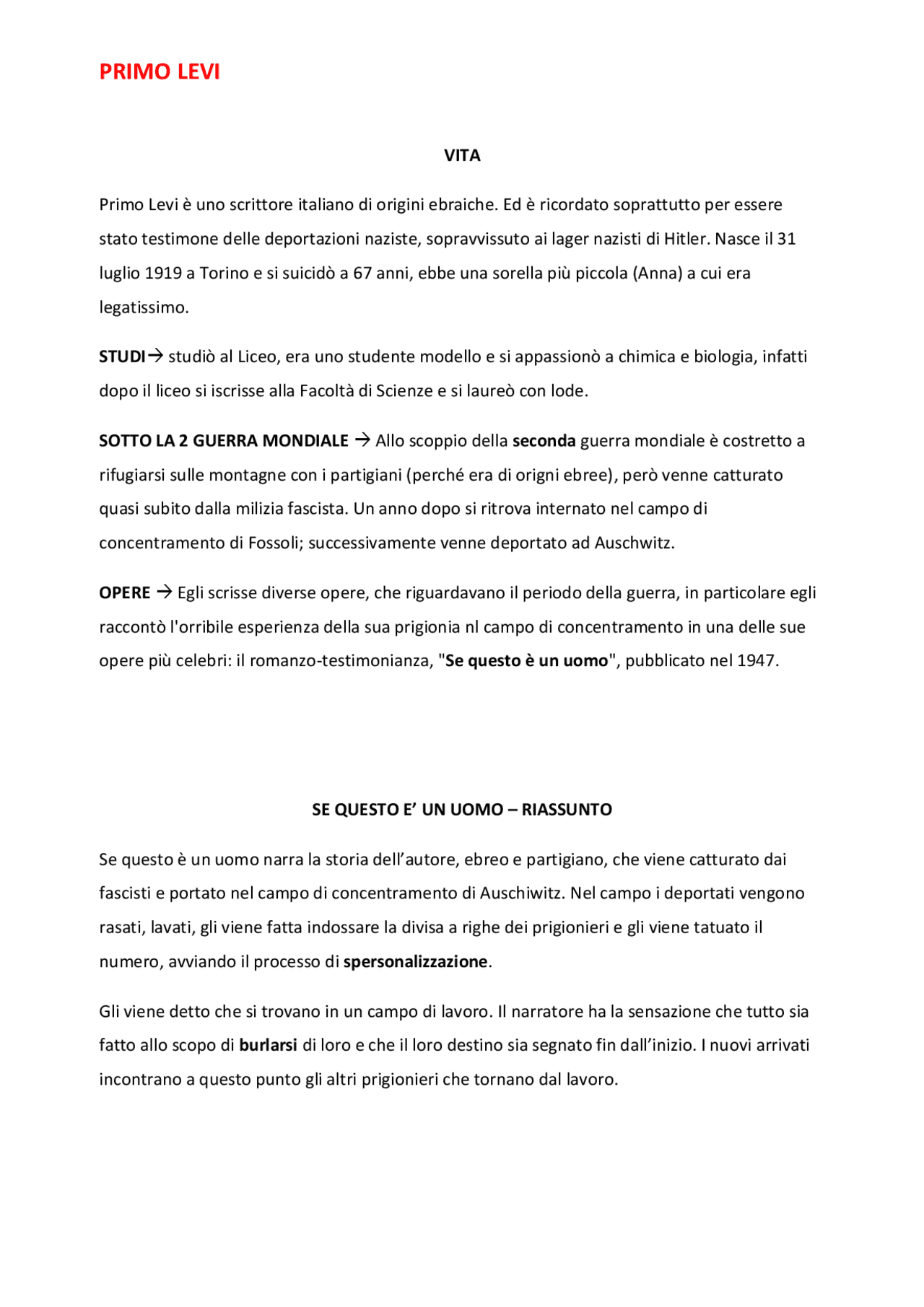 VITA E POETICA PRIMO LEVI - RIASSUNTO SE QUESTO E' UN UOMO - Docsity