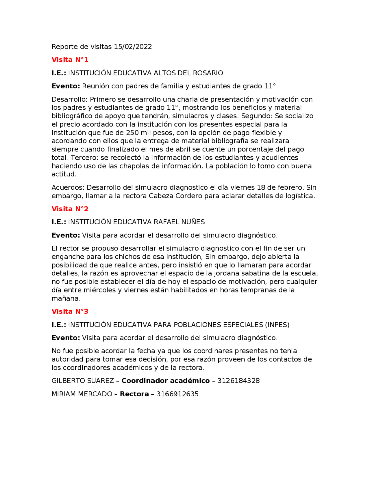 Reporte de visitas Instituciones educativas - Docsity