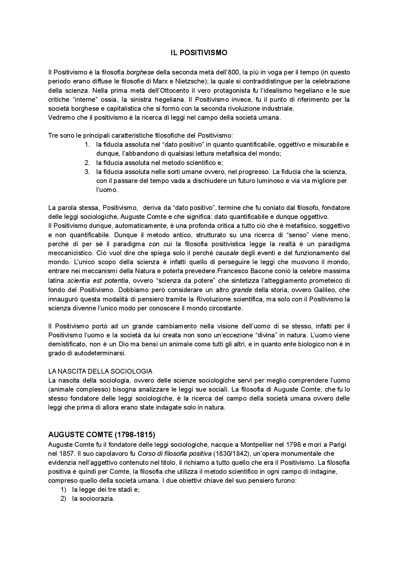 Filosofia Appunti Sul Positivismo Docsity