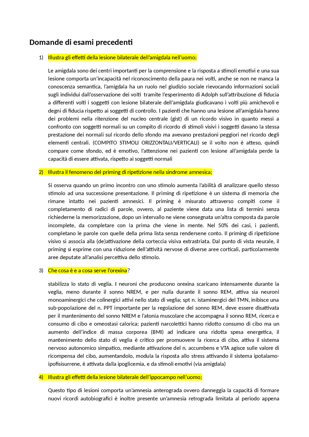 Domande Appelli Precedenti Neuroscienze Di Pellegrino Docsity