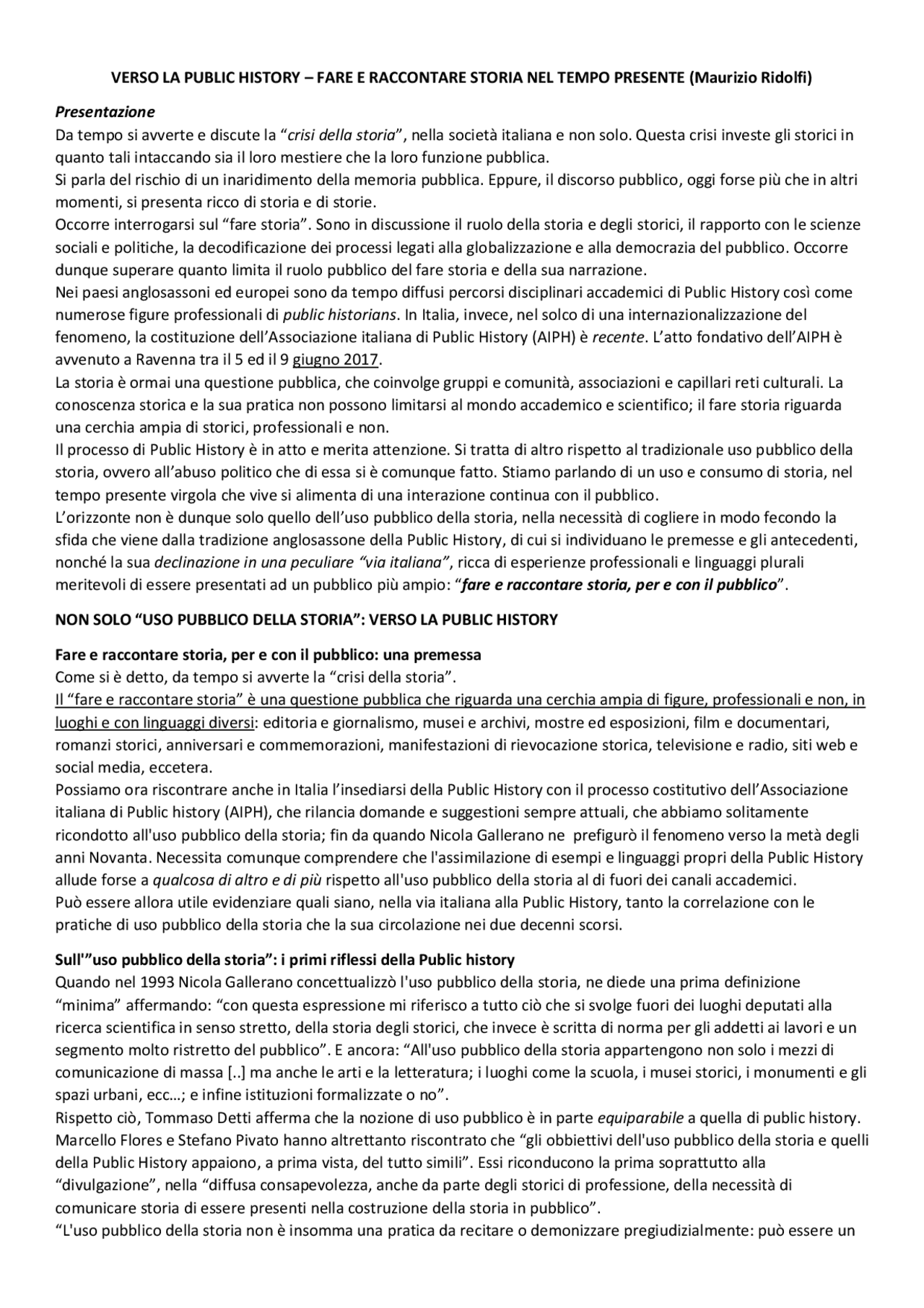 Riassunto Verso La Public History Mridolfi Docsity
