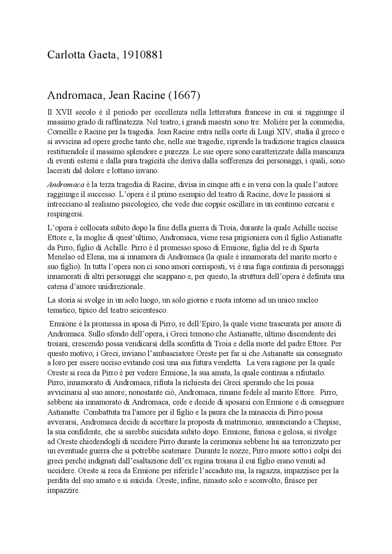 Andromaca Jean Racine Docsity