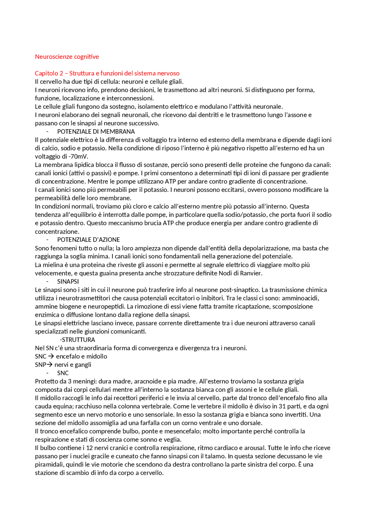 Riassunto Neuroscienze Cognitive Cap 2 3 5 6 Docsity