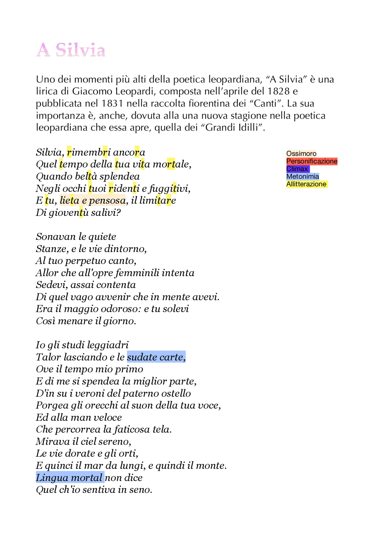 Analisi dettagliata di "A Silvia" di Giacomo Leopardi | Appunti di Letteratura Italiana | Docsity