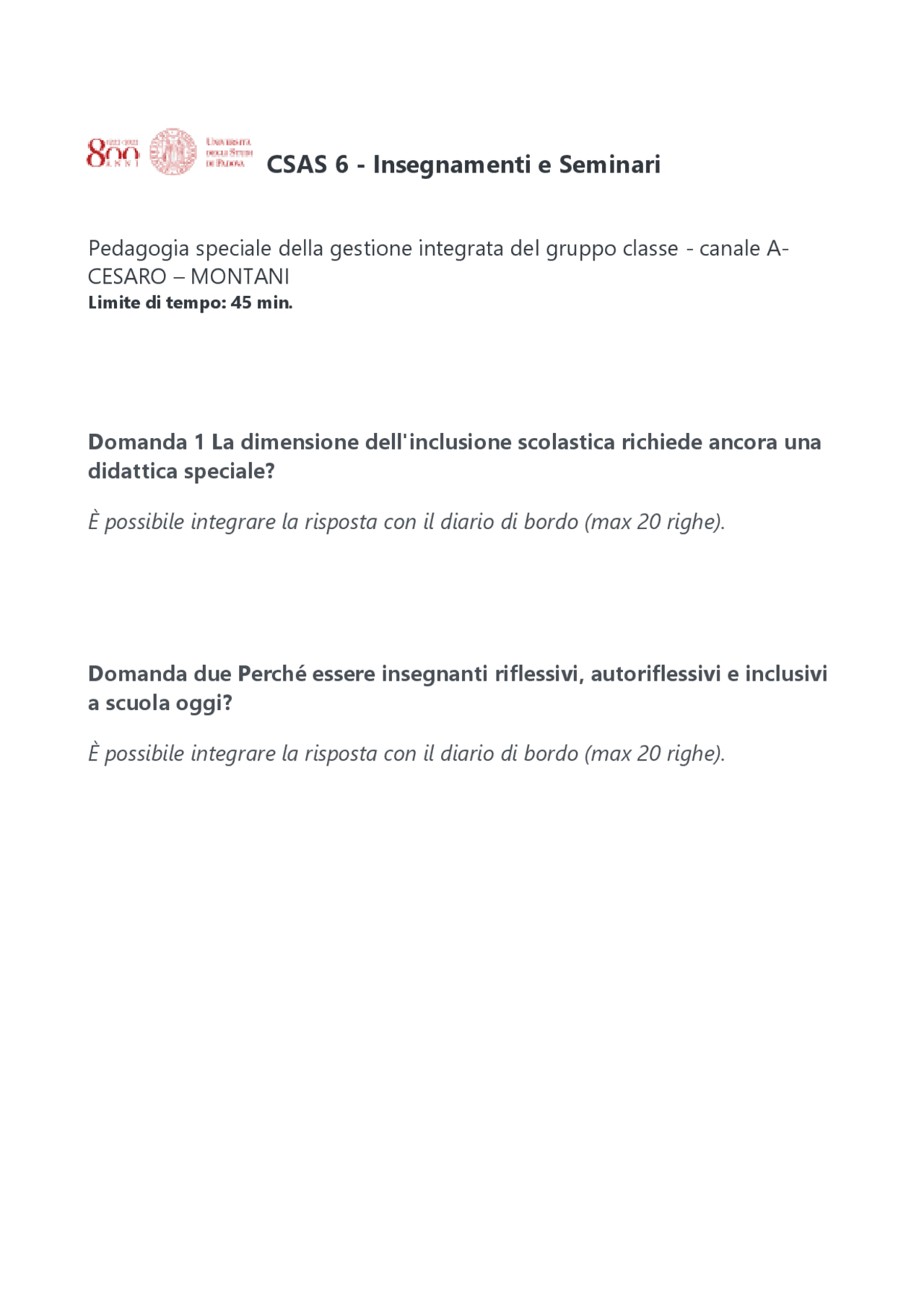 Psicologia E Pedagogia Prove Desame Di Tfa Sostegno Docsity