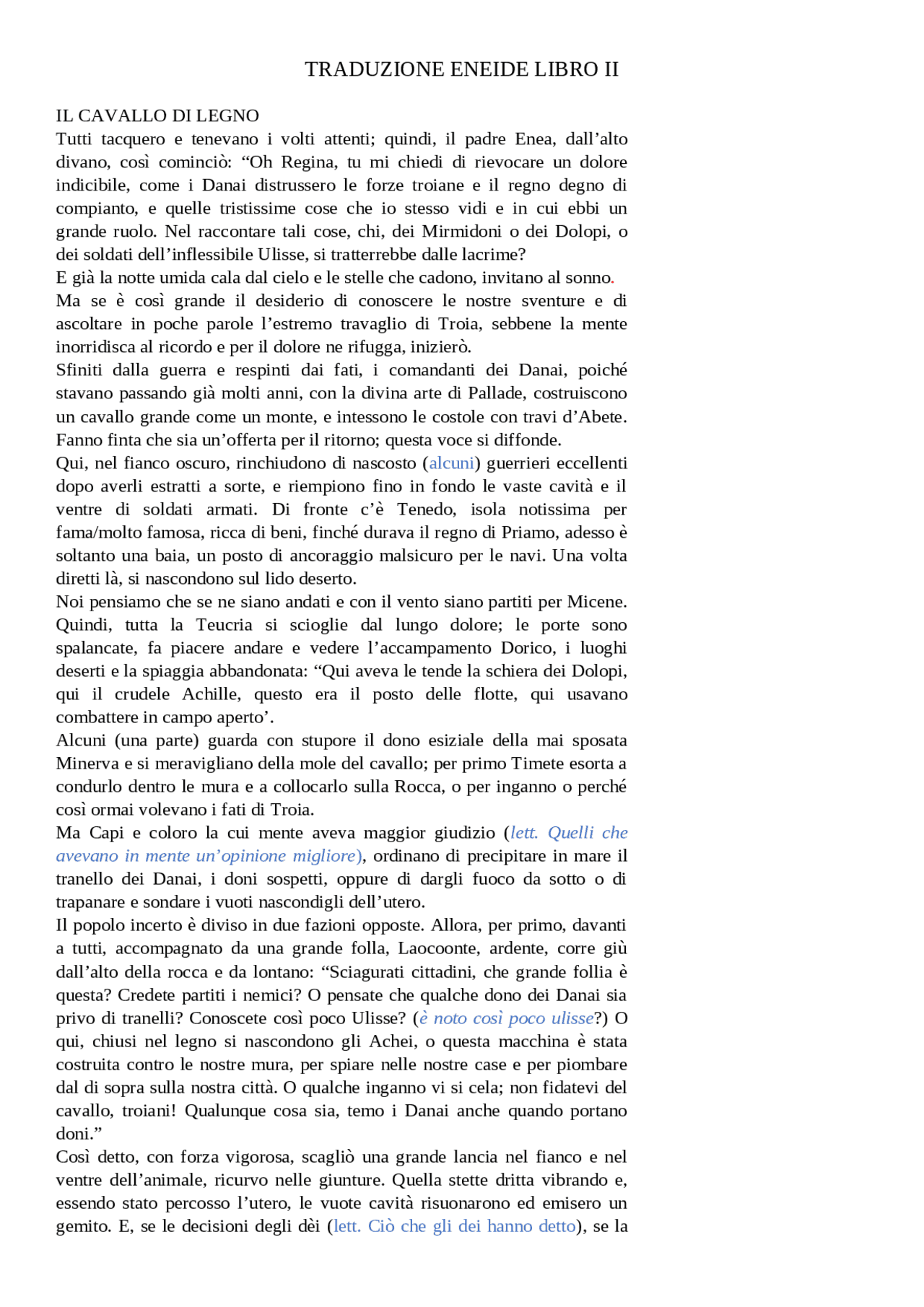 Traduzione LETTERALE dell' ENEIDE, libro II di Virgilio | Traduzioni di Letteratura latina | Docsity