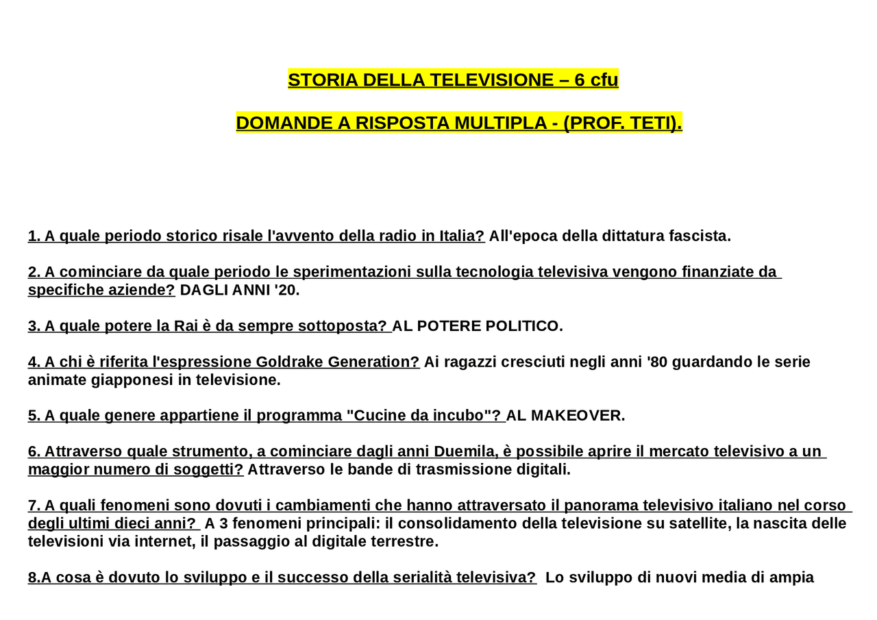 Domande Chiuse Storia Della Tv 6 Cfu Prof Teti E Campus Docsity