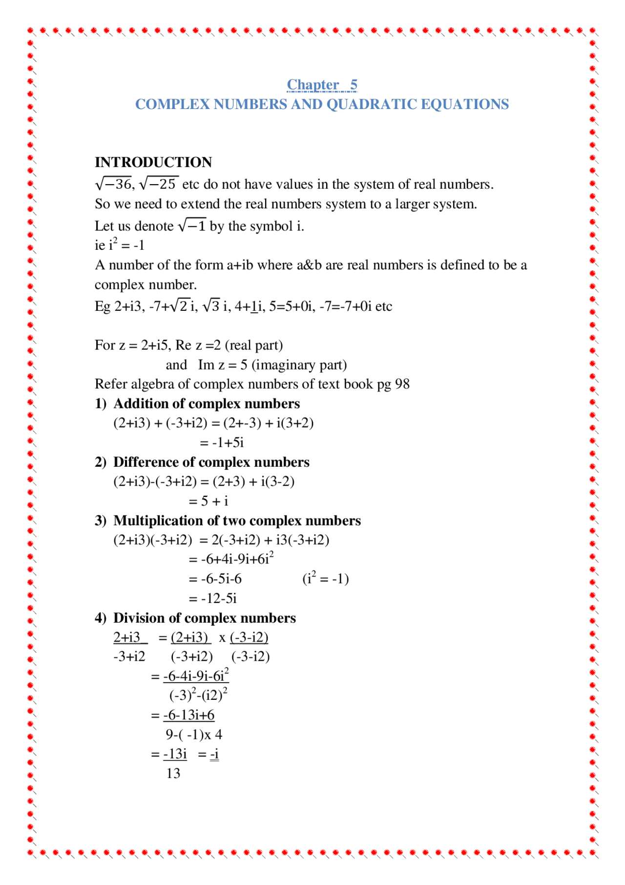 Complex number and quadratic equations - Docsity