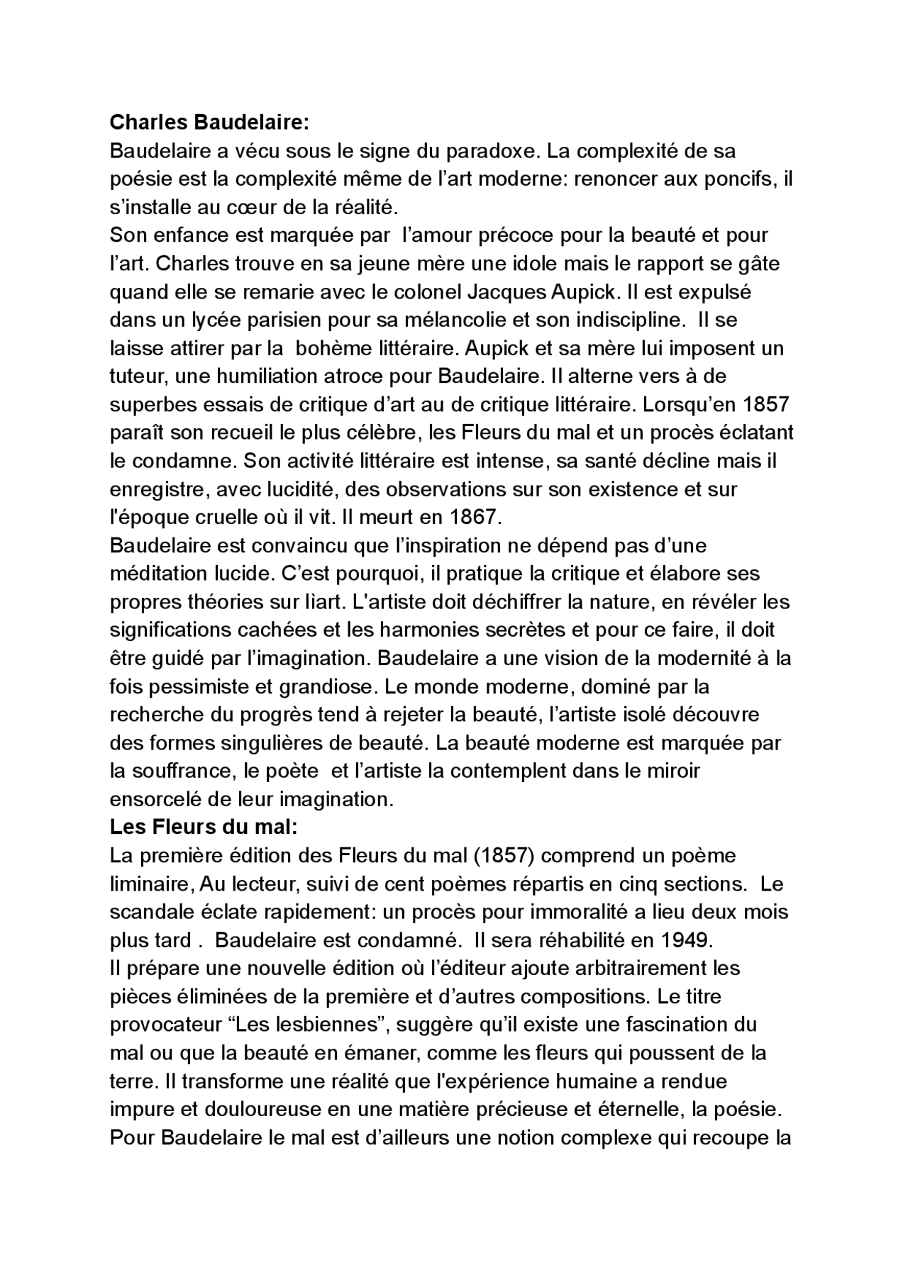 Riassunto Charles Baudelaire Appunti Di Francese Docsity