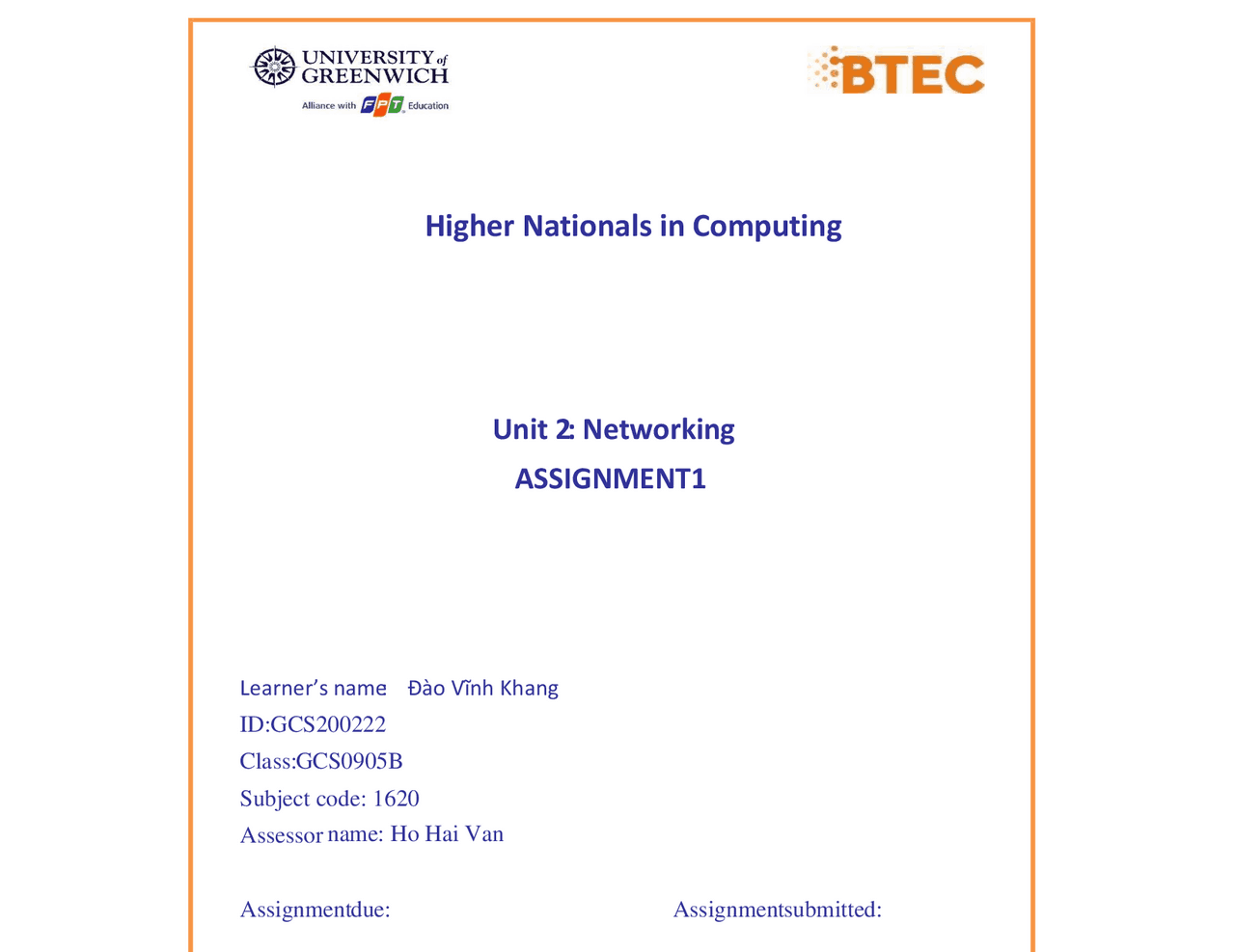 ASSIGNMENT 1620 FPT GREENWICH - Docsity