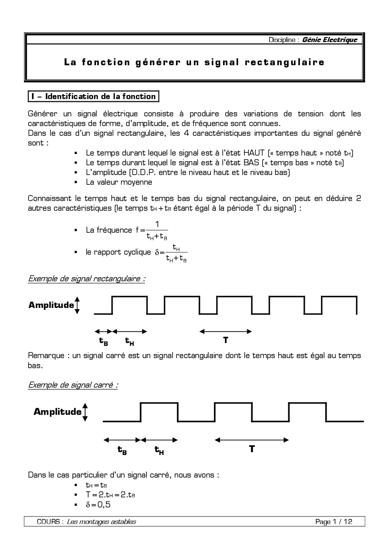 La fonction générer un signal rectangulaire - Docsity