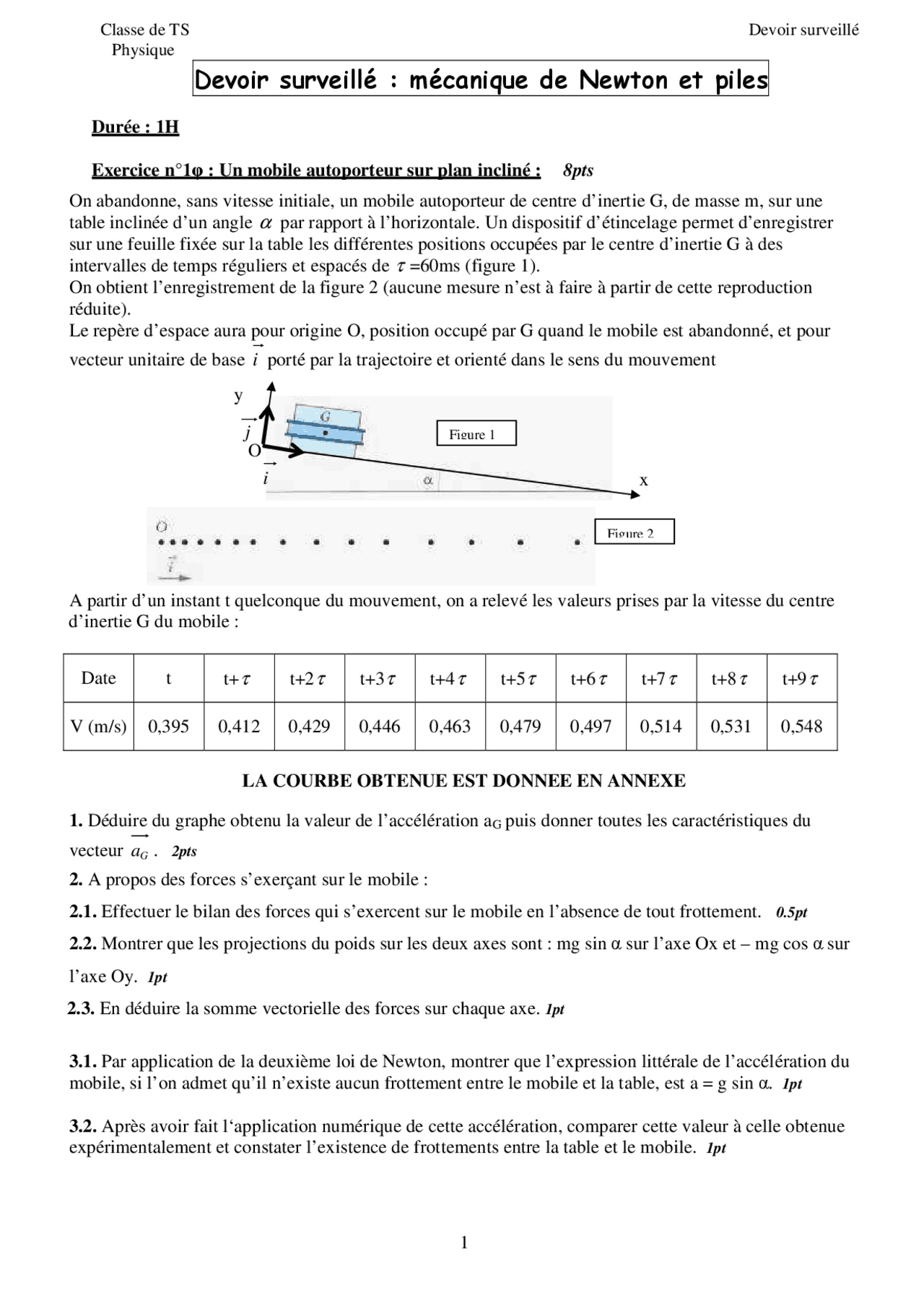 Devoir surveillé: mécanique de Newton et piles - Docsity
