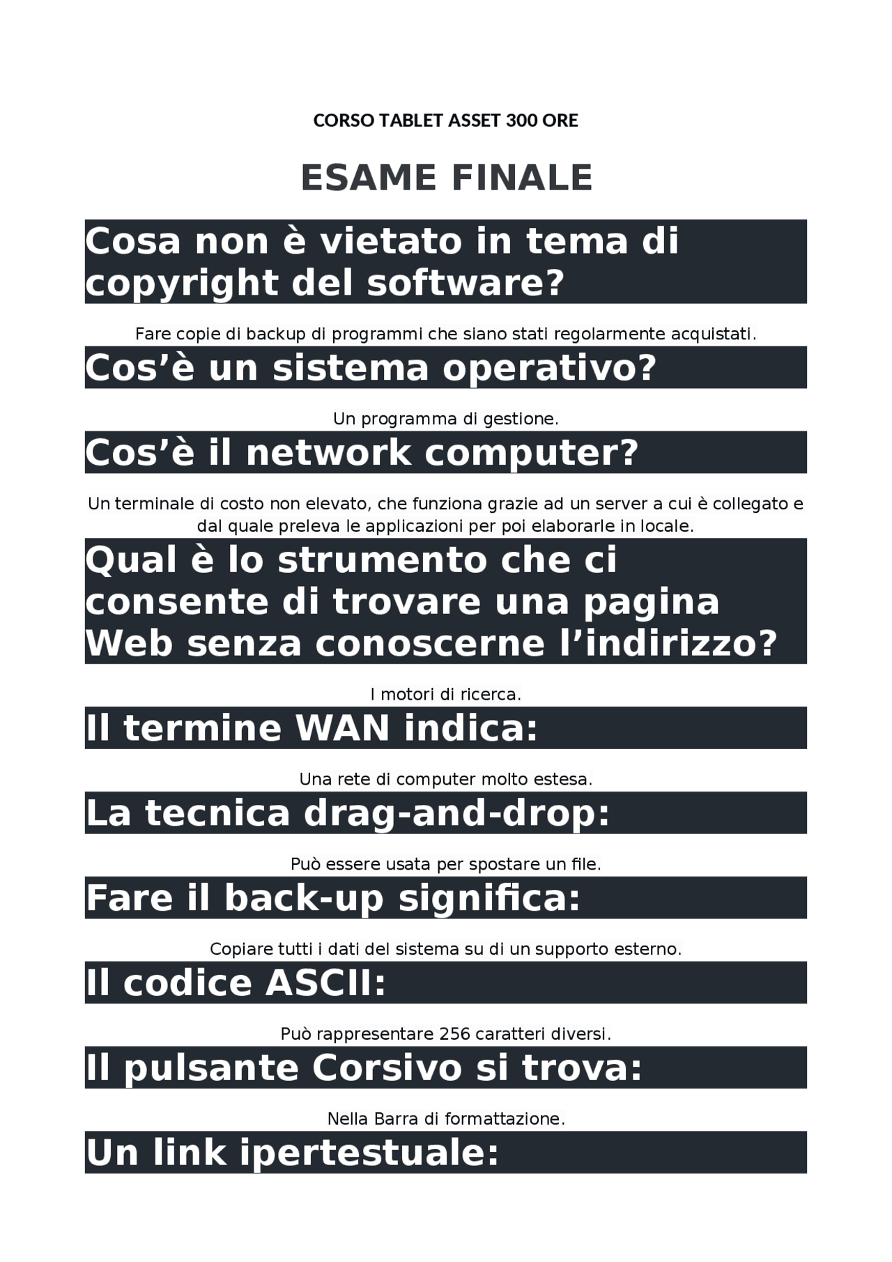 ESAME FINALE TABLET ASSET 300 ORE - Docsity