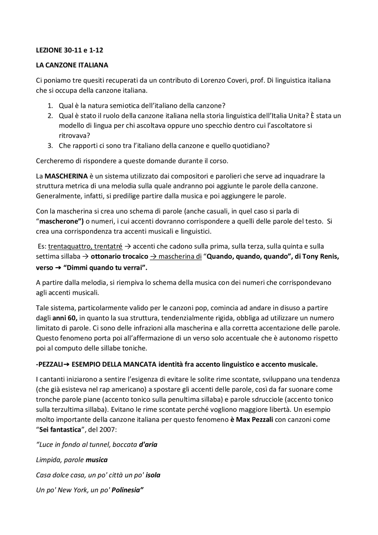 Appunti Sulla Parte Della Canzone Docsity