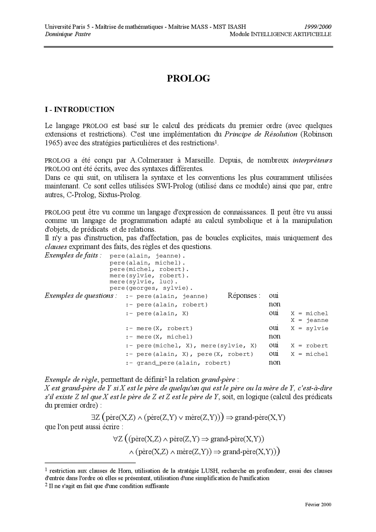 Le Langage Prolog Exemple De Questions Docsity