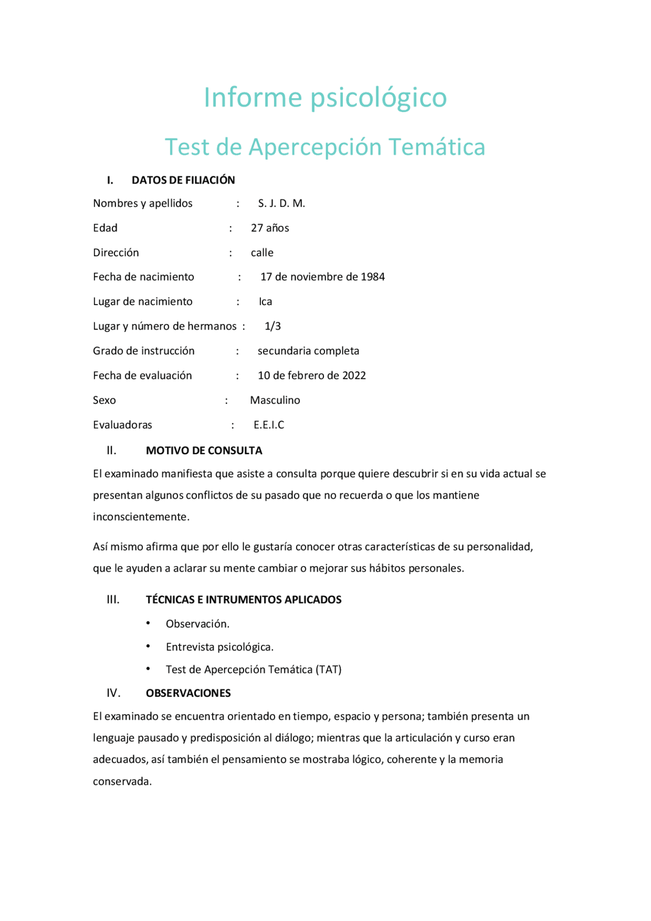 Informe Psicológico Del Test De Apercepción Temática Tat Guías