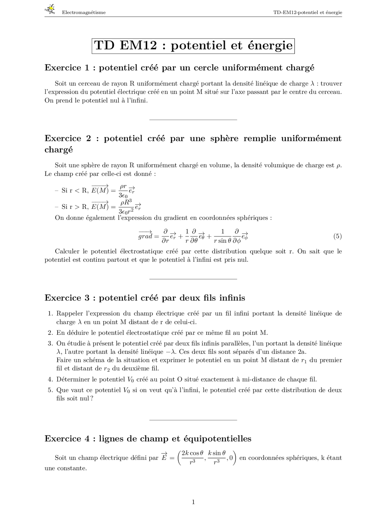 Td Em12 Potentiel Et énergie Lectures Physique Docsity