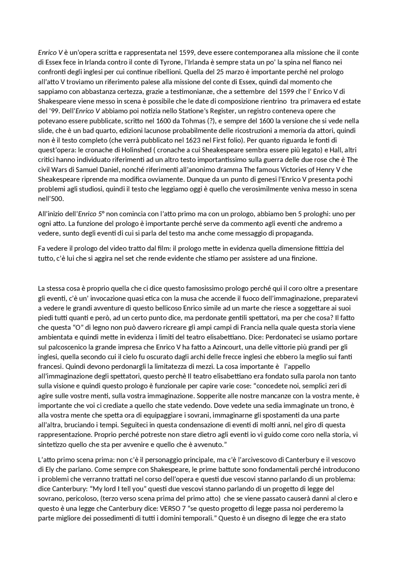 Introduzione all'Enrico V di Shakespeare - Docsity