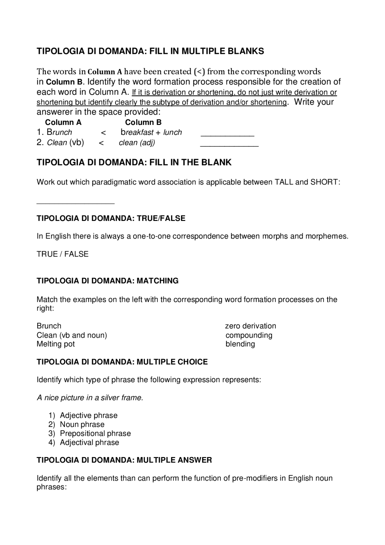 ESERCITAZIONE DI INGLESE MORFOSINTASSI - Docsity