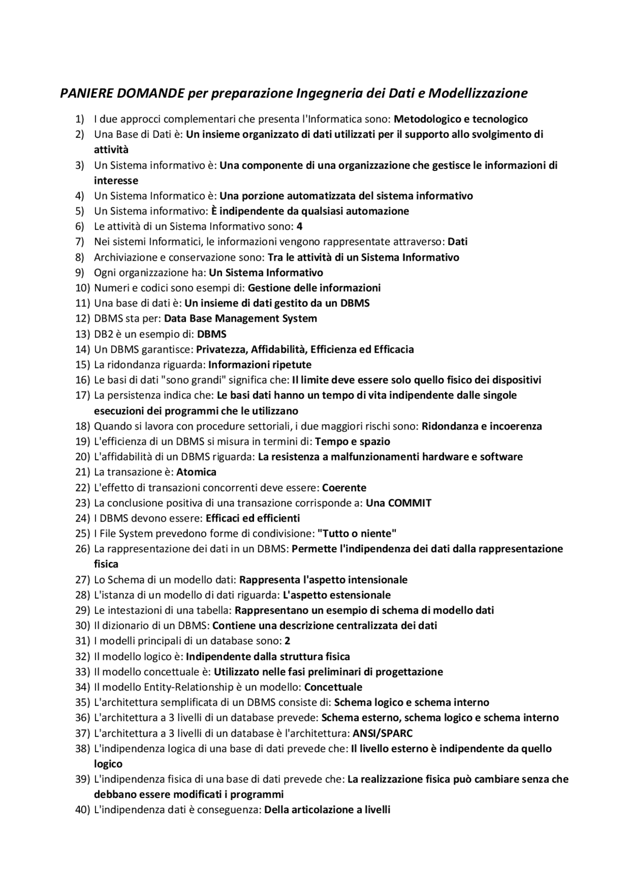 Paniere Domande Esame Ingegneria Dei Dati E Modellizzazione Docsity