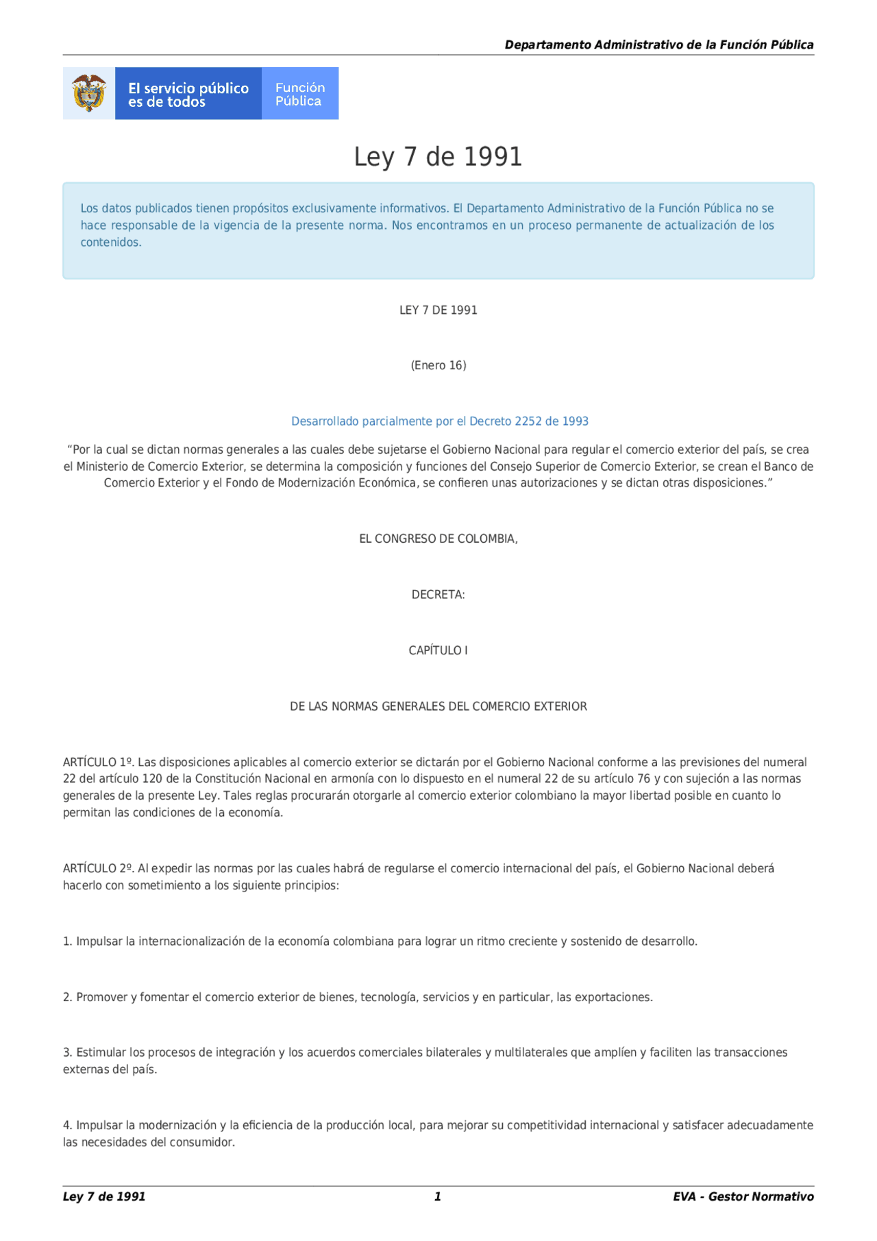 LEY 7 DE 1991 REPUBLICA DE COLOMBIA - Docsity