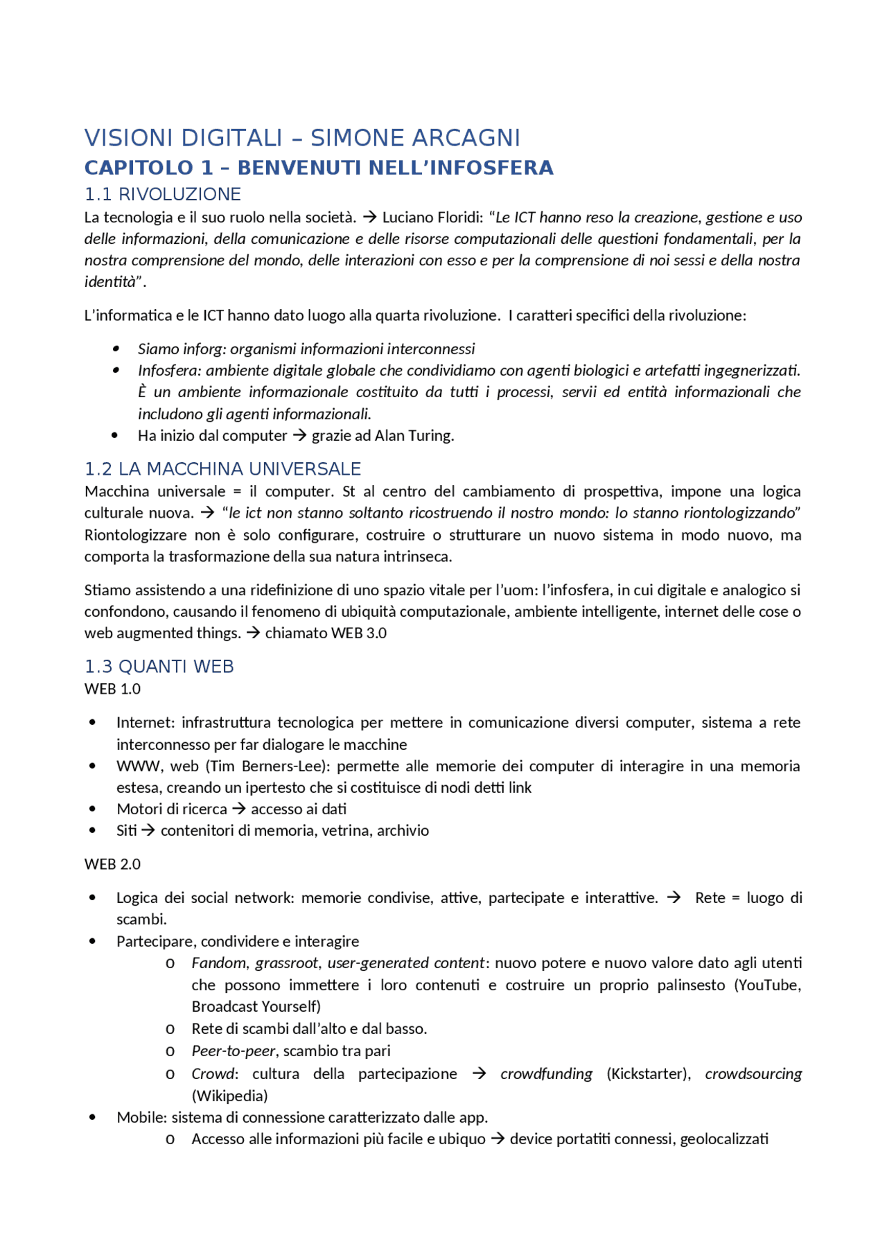 Riassunto Libro Visioni Digitali Simone Arcagni Docsity