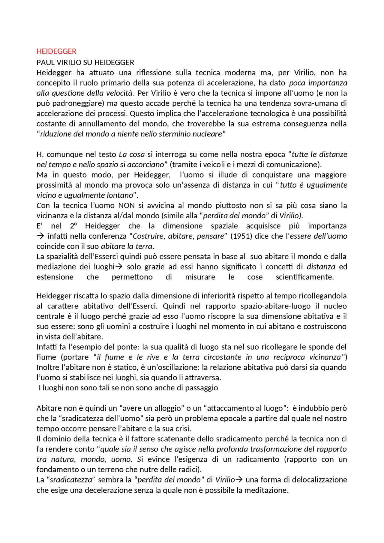 Heidegger Perdita Del Mondo Docsity