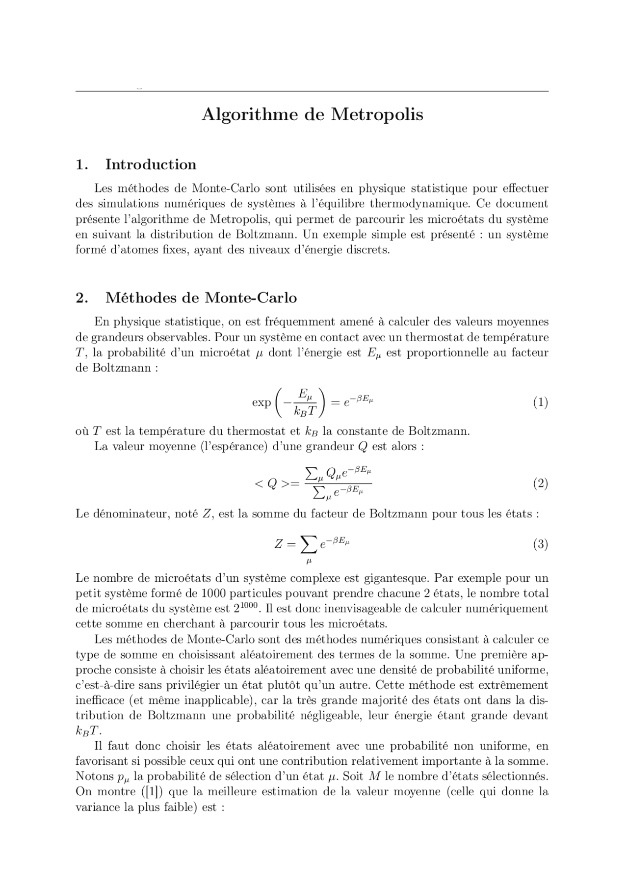 Algorithme de Metropolis | Lecture notes Physics | Docsity