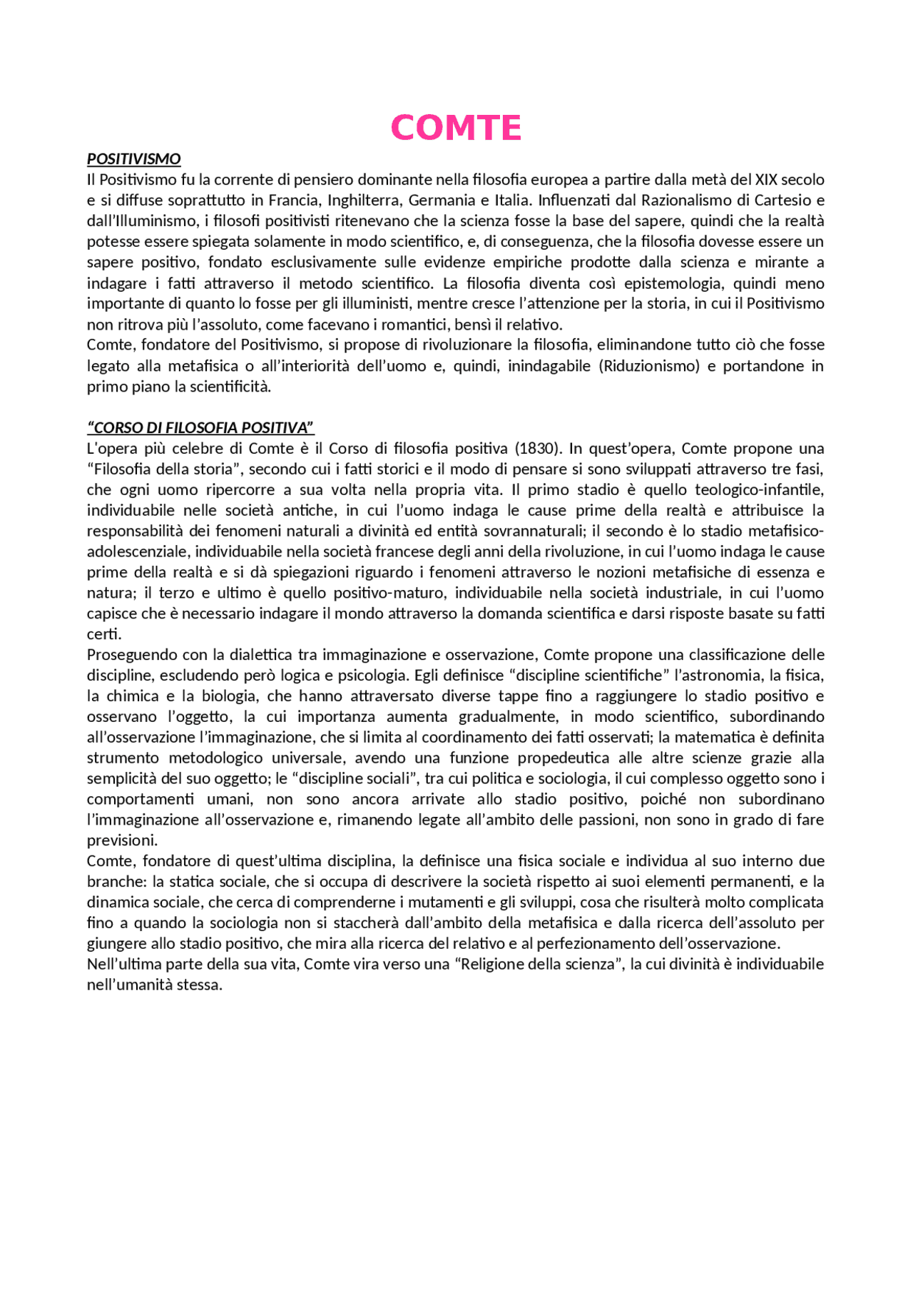 Appunti Completi Su Positivismo Comte Mill Simmel Docsity